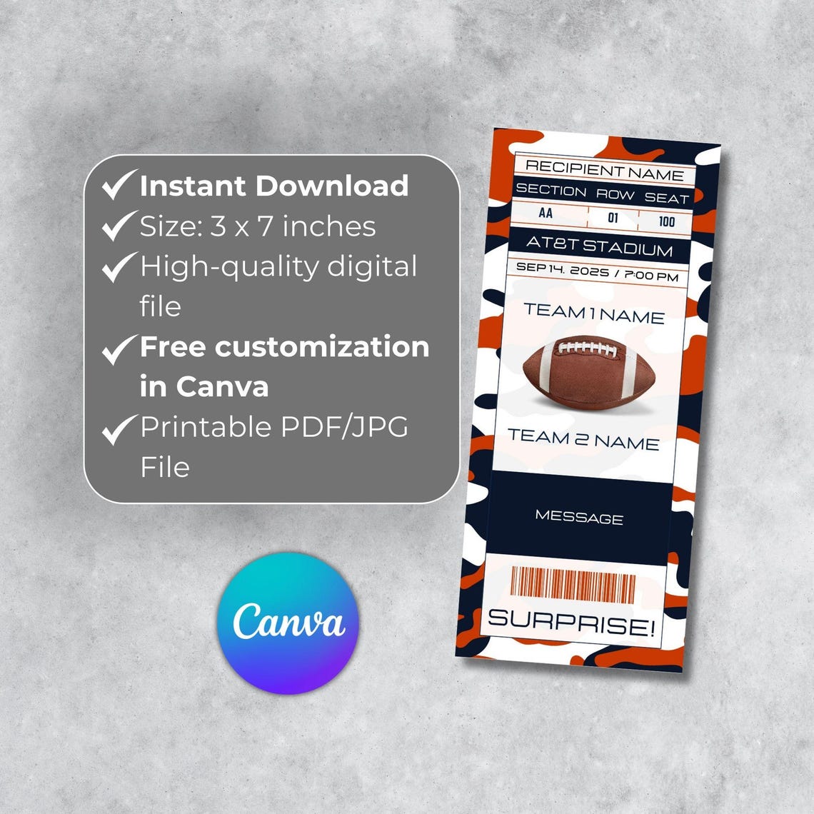 Instantly Editable Football Ticket | Chicago Colors Game Day Gift ...