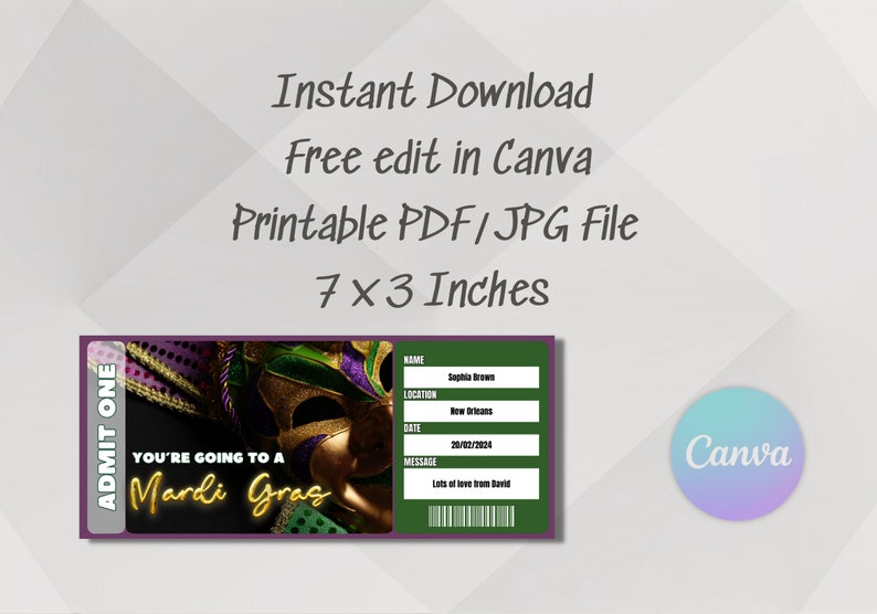 Printable Mardi Gras Ticket Template Editable Gift for New Orleans ...