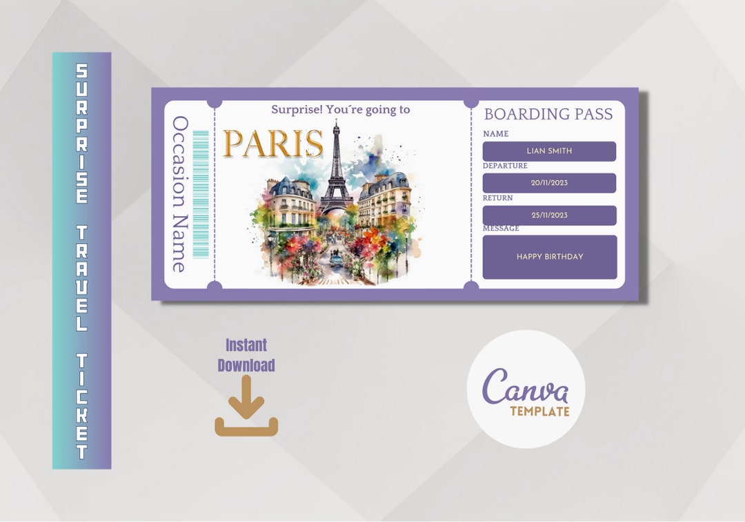 Paris Surprise Boarding Pass Ticket: Watercolor Design, Customizable ...