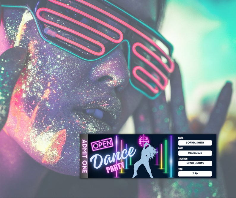 Retro Neon Dance Party Ticket Template: Editable Canva Design (instant ...