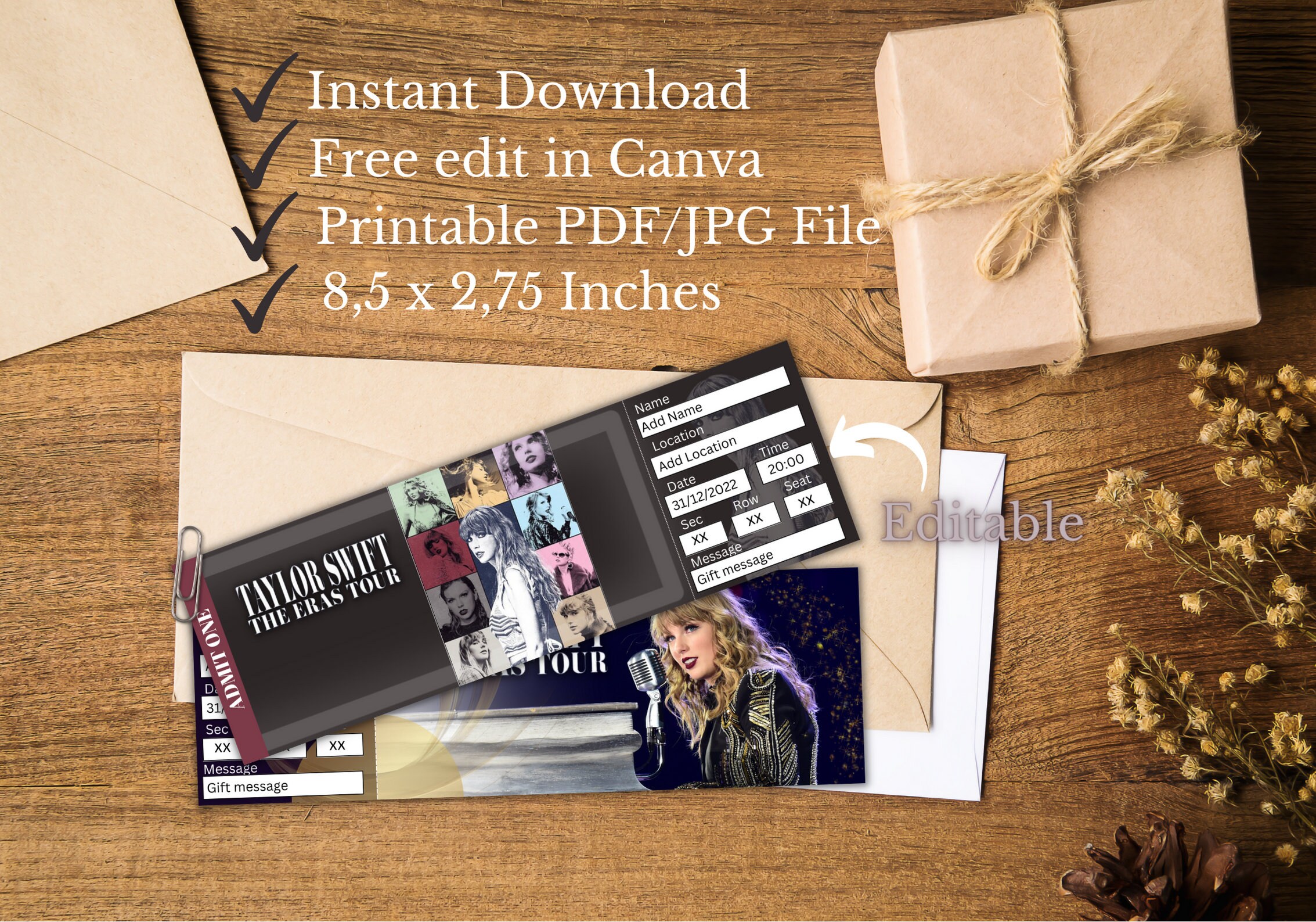 Personalized Taylor Swift THE ERAS TOUR Concert Ticket Template ...