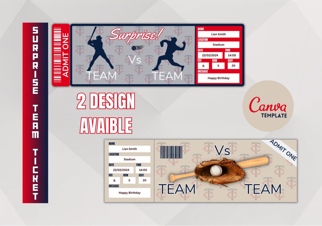 Baseball Game Minnesota Colors Ticket Template Surprise: Ready in ...