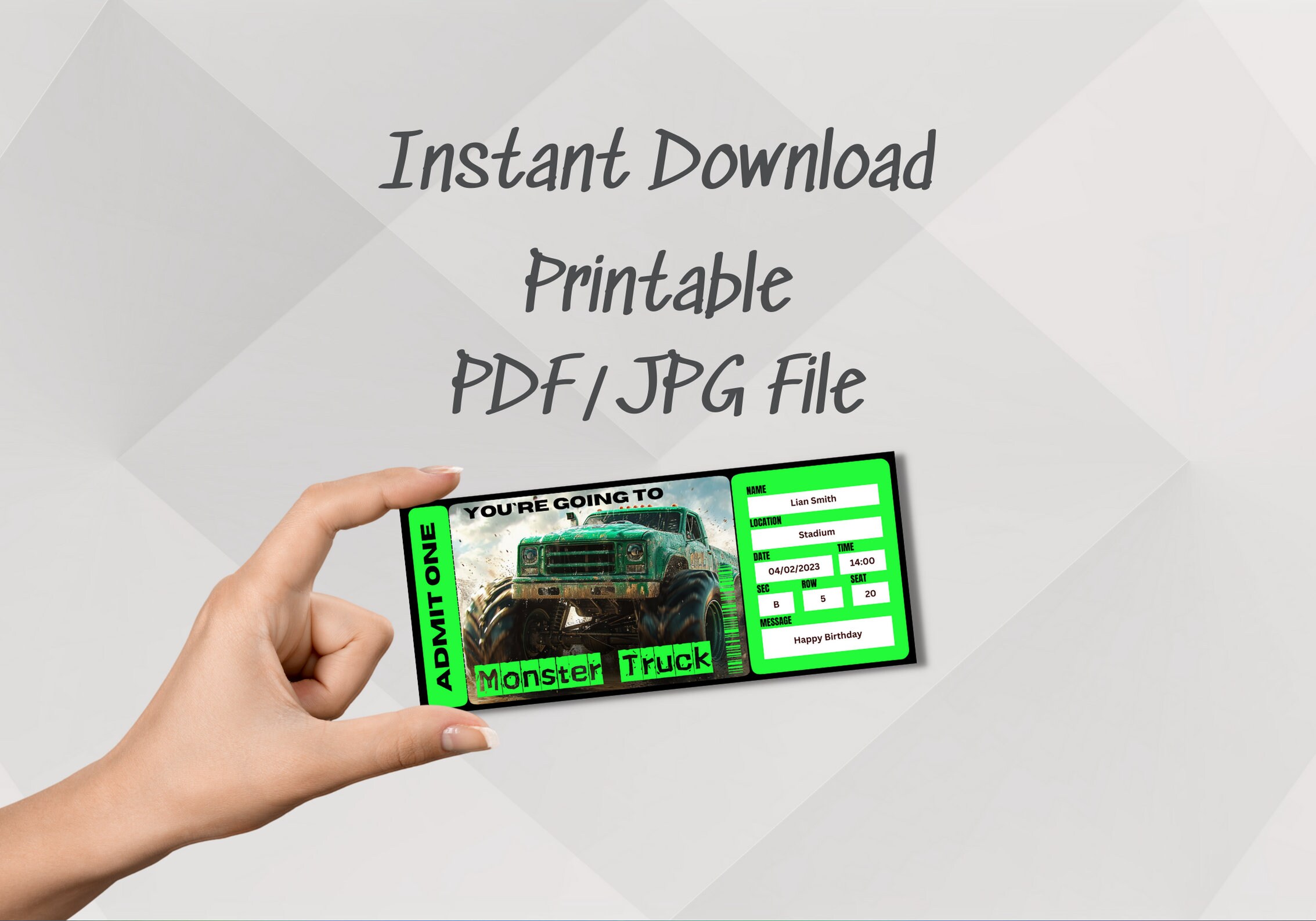 Printable Monster Truck Surprise Template Ticket, Monster Truck Gift ...