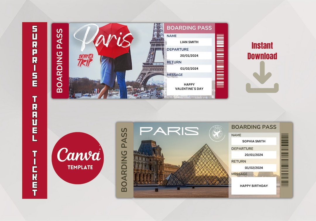 Plantilla imprimible de boletos de viaje sorpresa de París, boleto de ...