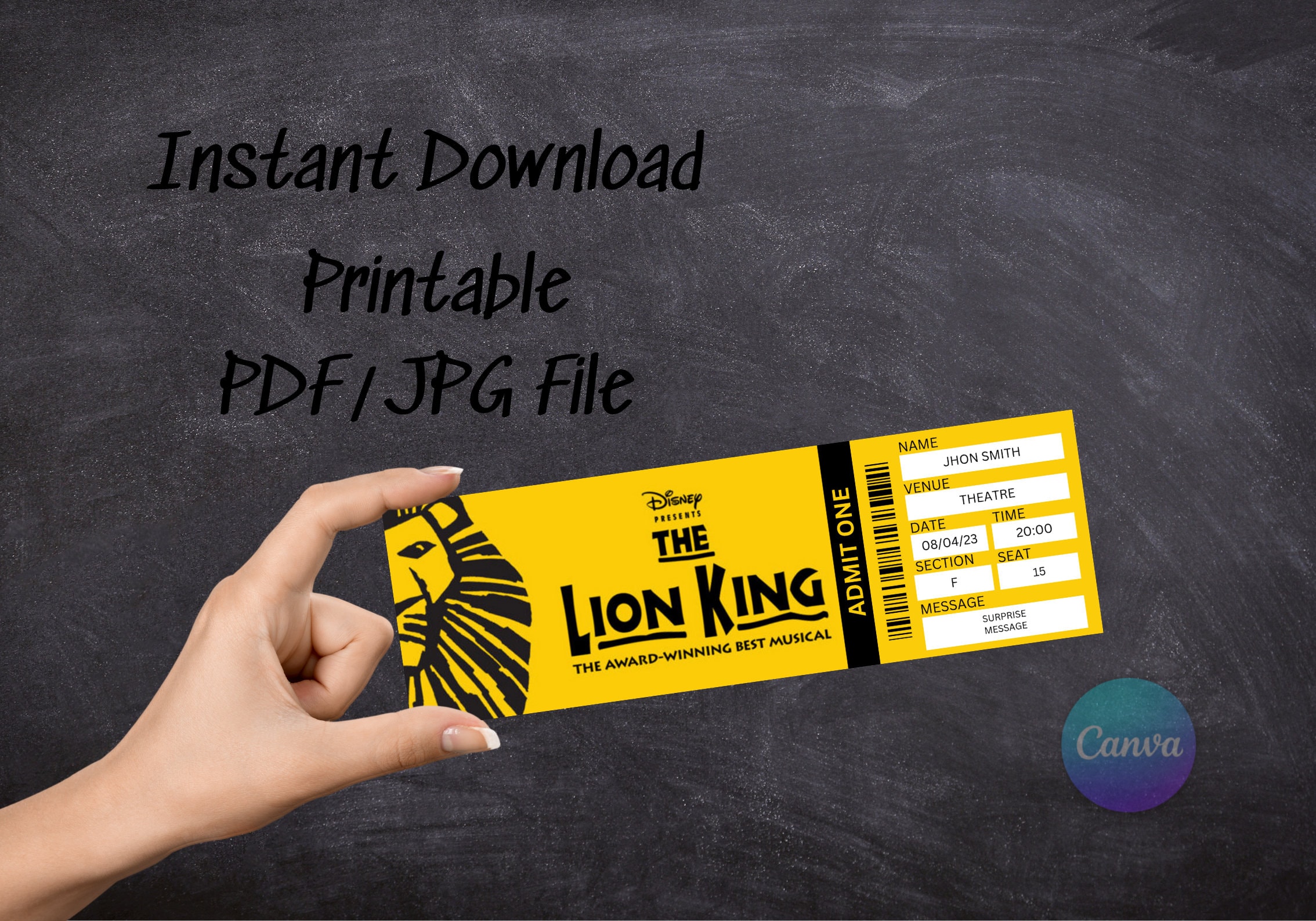 Template THE LION KING Musical Surprise Ticket to the Theatre, Instant ...