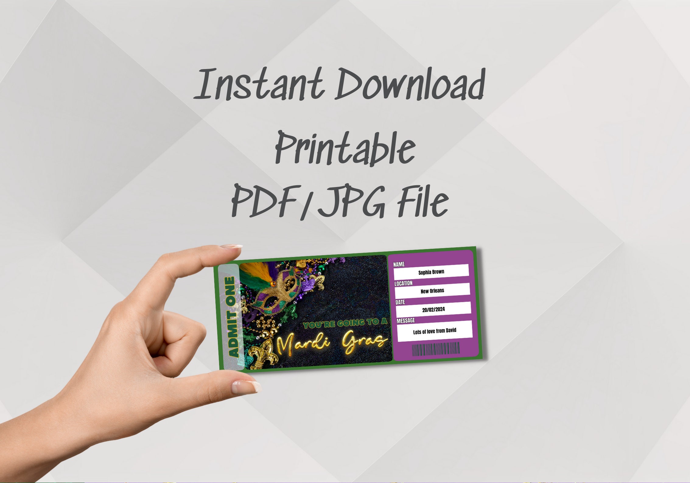 Printable Mardi Gras Ticket Template Editable Gift for New Orleans ...