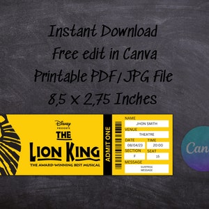 Template THE LION KING Musical Surprise Ticket to the Theatre, Instant ...