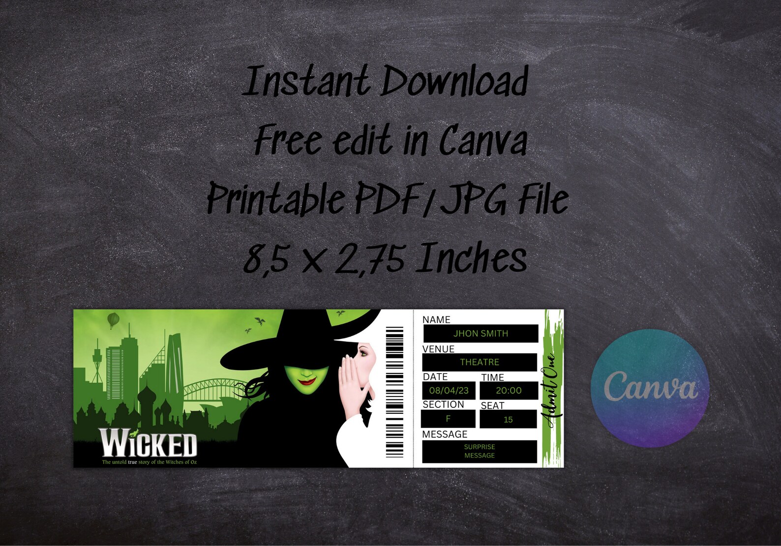 Template WICKED Musical Surprise Ticket to the Theatre, Instant ...