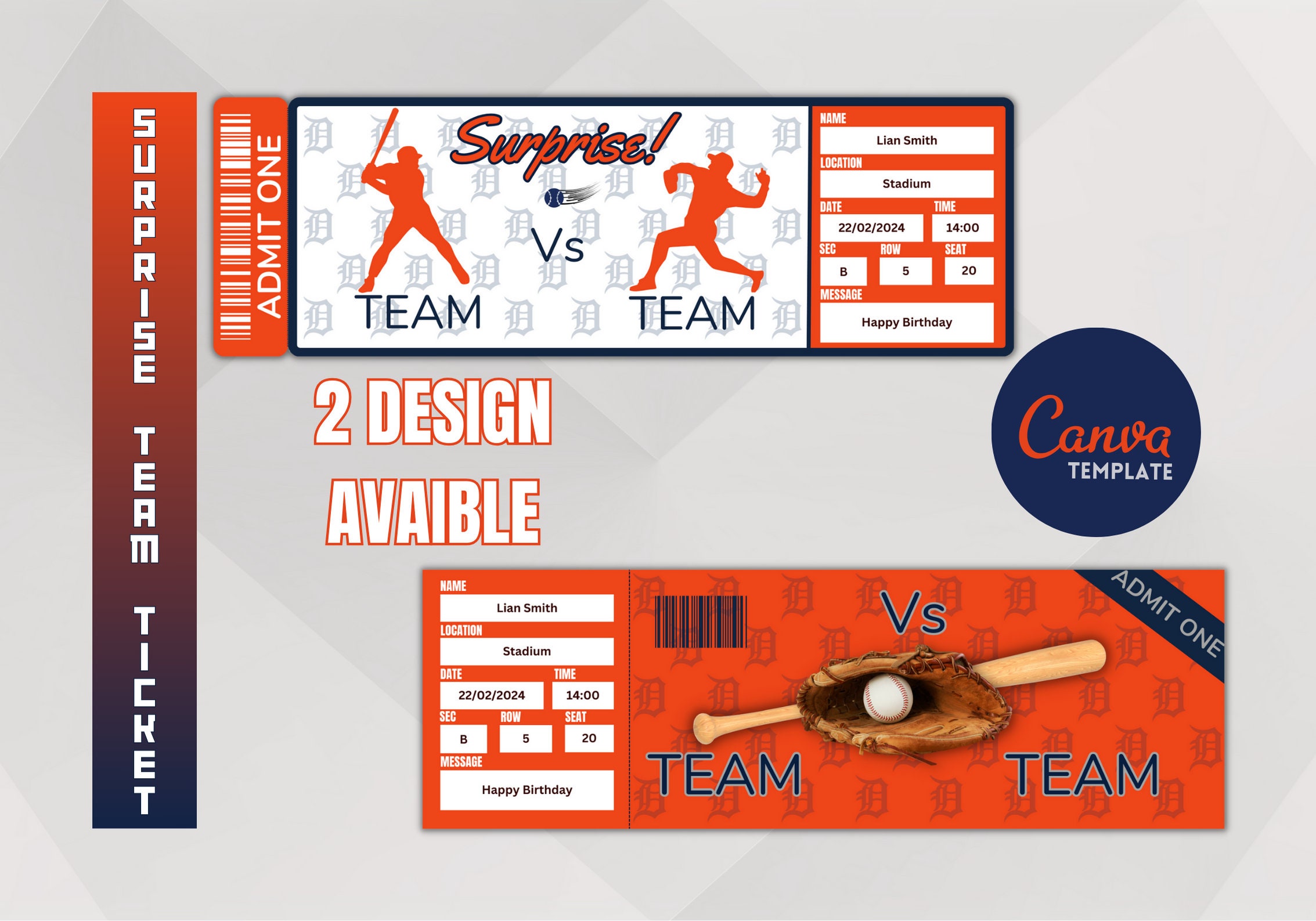 Baseball Game Detroit Colors Ticket Template Surprise: Ready in Action ...