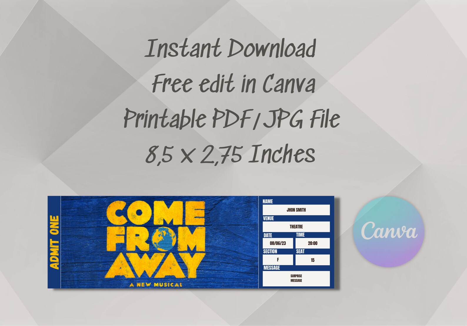 Printable Come From Away the Musical Surprise Ticket Template to the ...