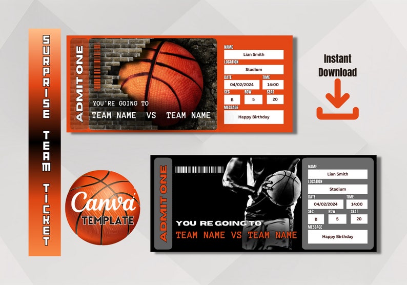 Basketball Surprise Ticket Template: Editable Canva Design (digital ...