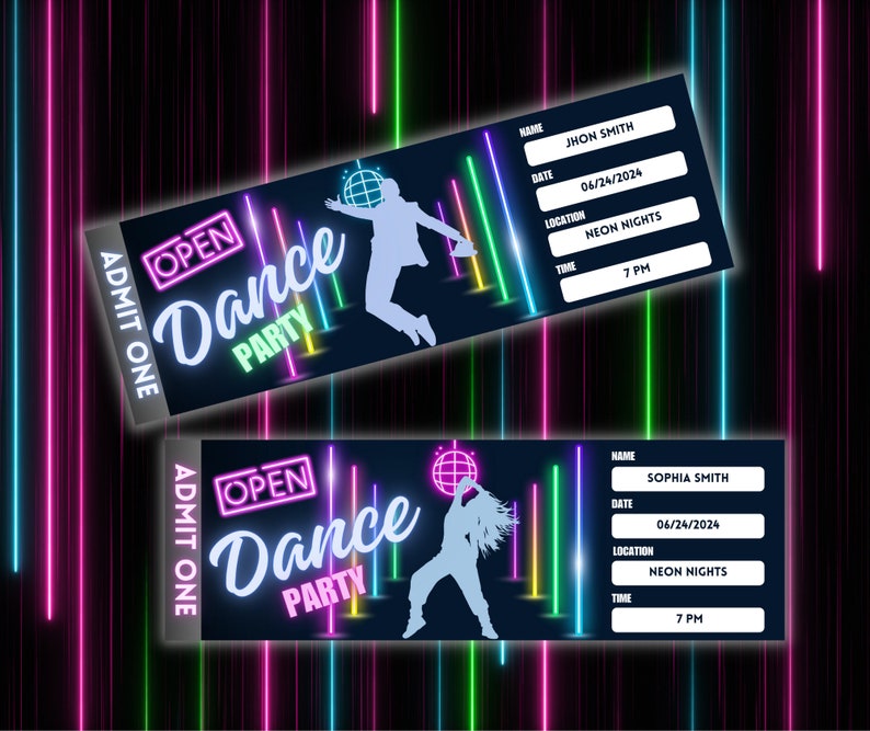 Retro Neon Dance Party Ticket Template: Editable Canva Design (instant ...