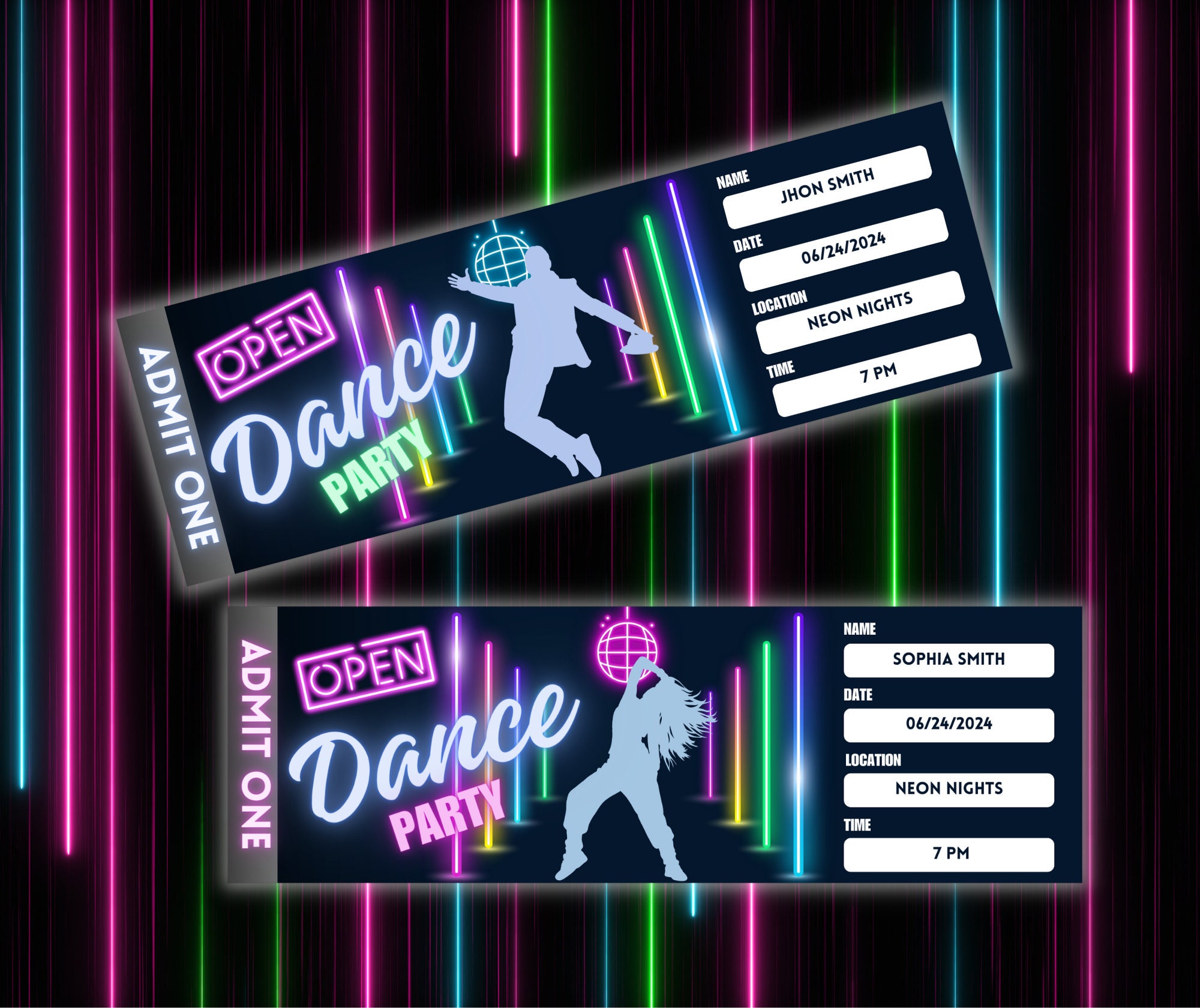 Retro Neon Dance Party Ticket Template: Editable Canva Design (instant Download) - Etsy