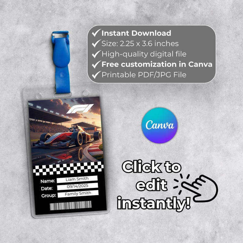F1 Grand Prix VIP ID Badge – Editable Race Day Pass – Surprise Gift ID ...