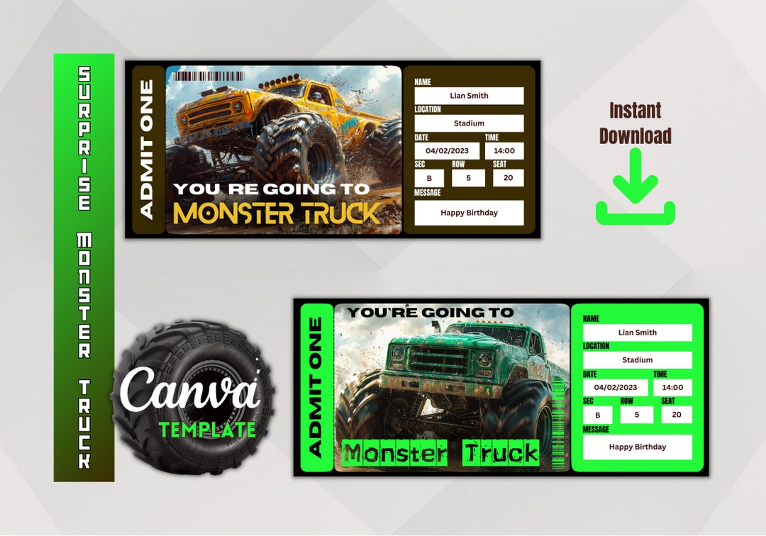 Printable Monster Truck Surprise Template Ticket, Monster Truck Gift ...