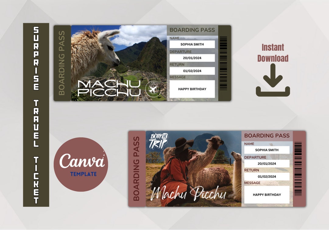 Machu Picchu Trip Gift Ticket – Surprise Boarding Pass – Editable ...