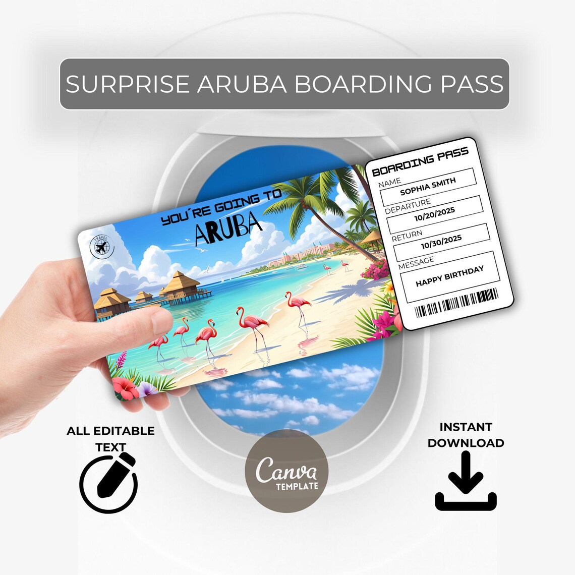 Aruba Trip Gift Ticket – Surprise Boarding Pass – Editable Travel ...