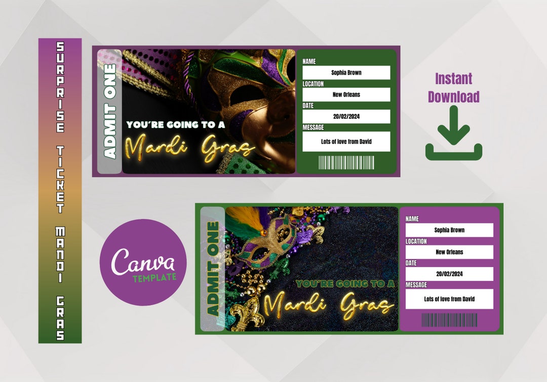 Printable Mardi Gras Ticket Template Editable Gift for New Orleans ...