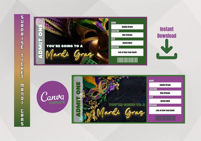 Printable Mardi Gras Ticket Template Editable Gift for New Orleans ...
