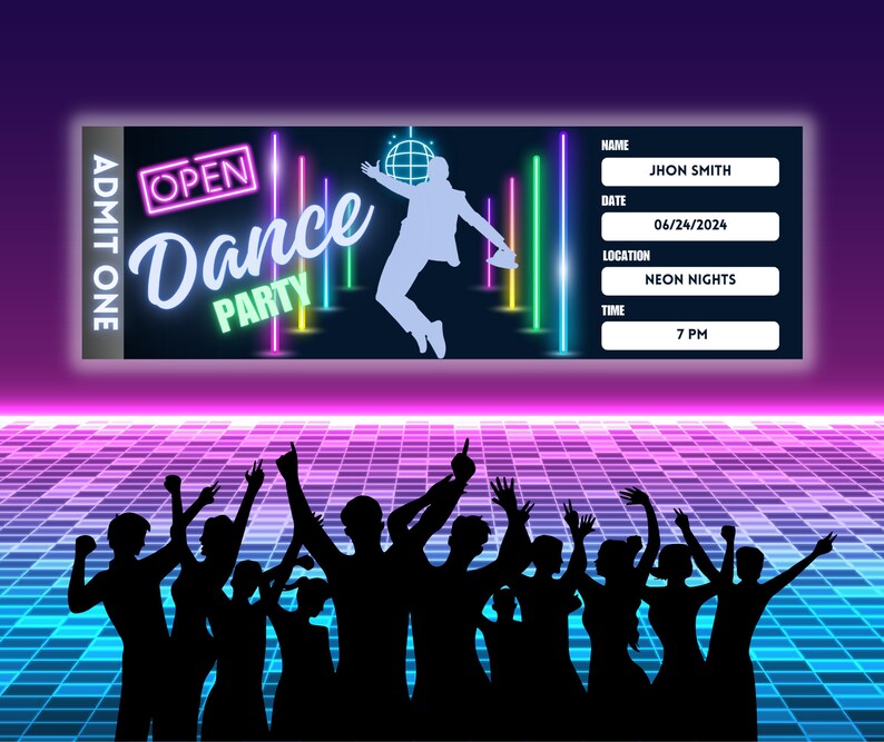 Retro Neon Dance Party Ticket Template: Editable Canva Design (instant ...