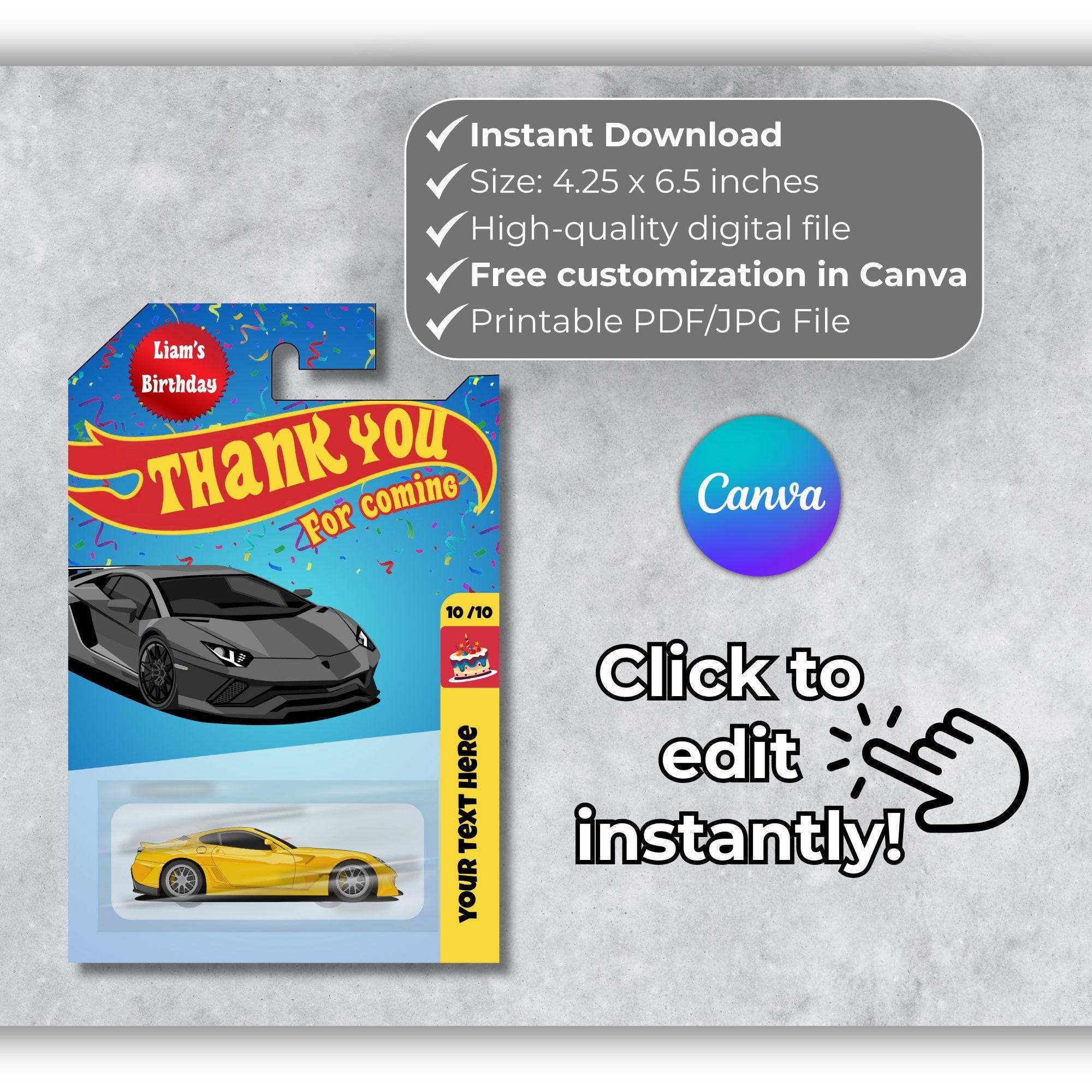 Toy Car Packaging Thank You Tag, Editable Race Car Birthday Favor ...