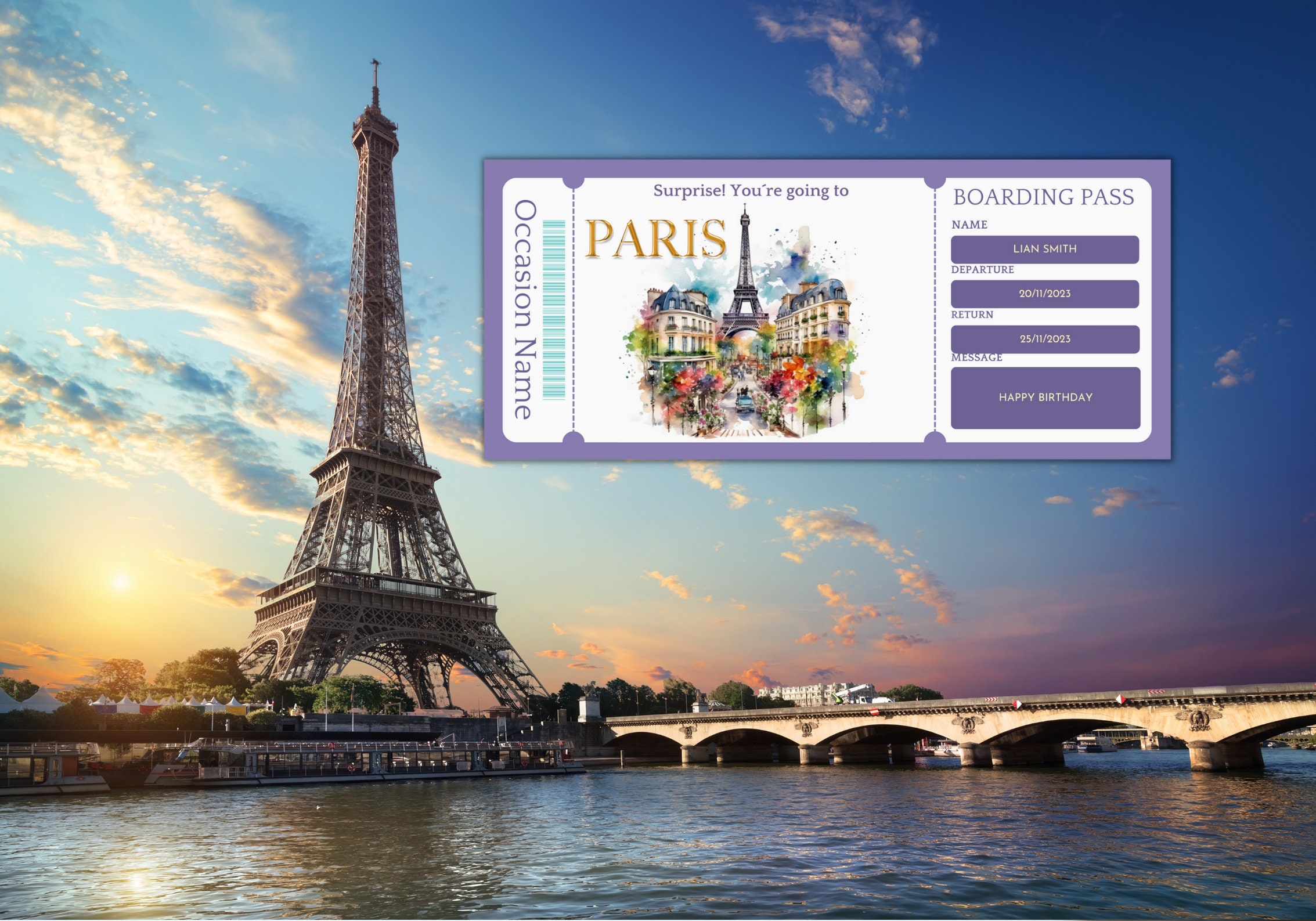 Template Paris Surprise Boarding Pass , Ticket in Watercolor PARIS ...