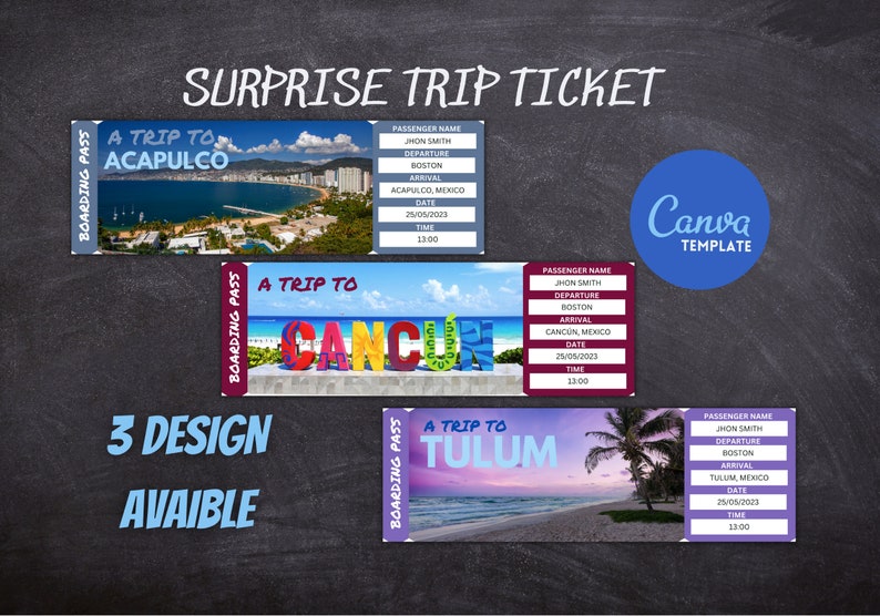 Mexico Surprise Trip Ticket Template: Acapulco, Cancun, Tulum ...