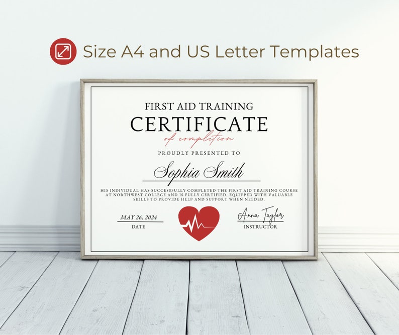 Customizable Certificate of Completion.first Aid Training Course Template,editable CPR ...