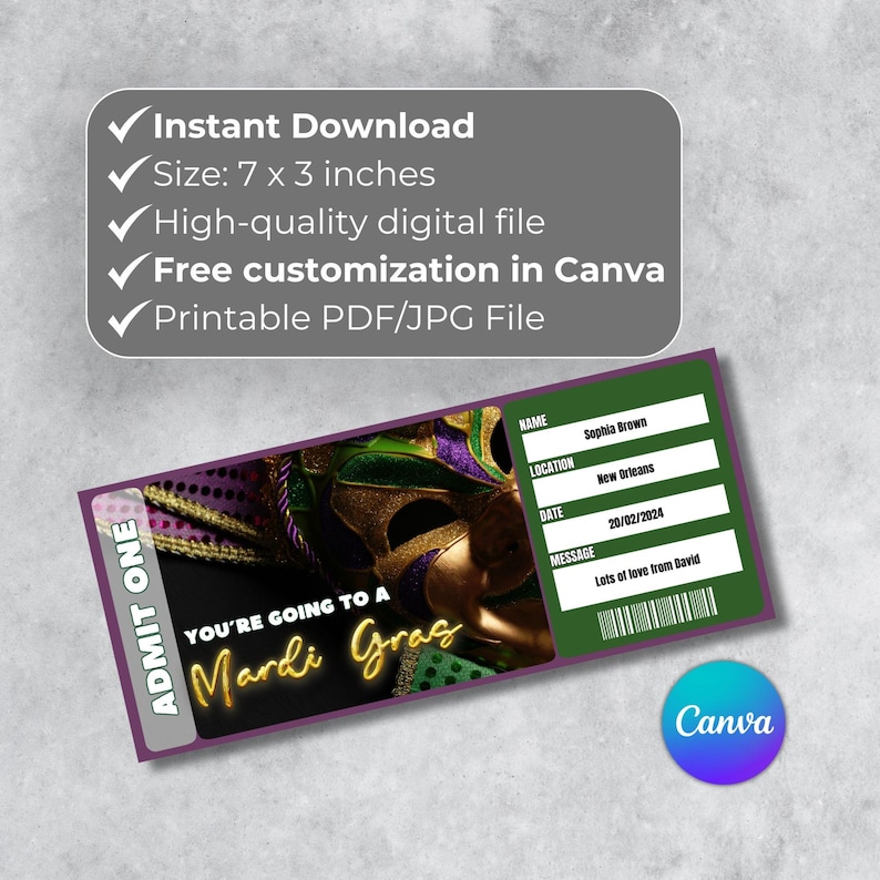 Printable Mardi Gras Ticket – Customizable Canva Template - Instant ...