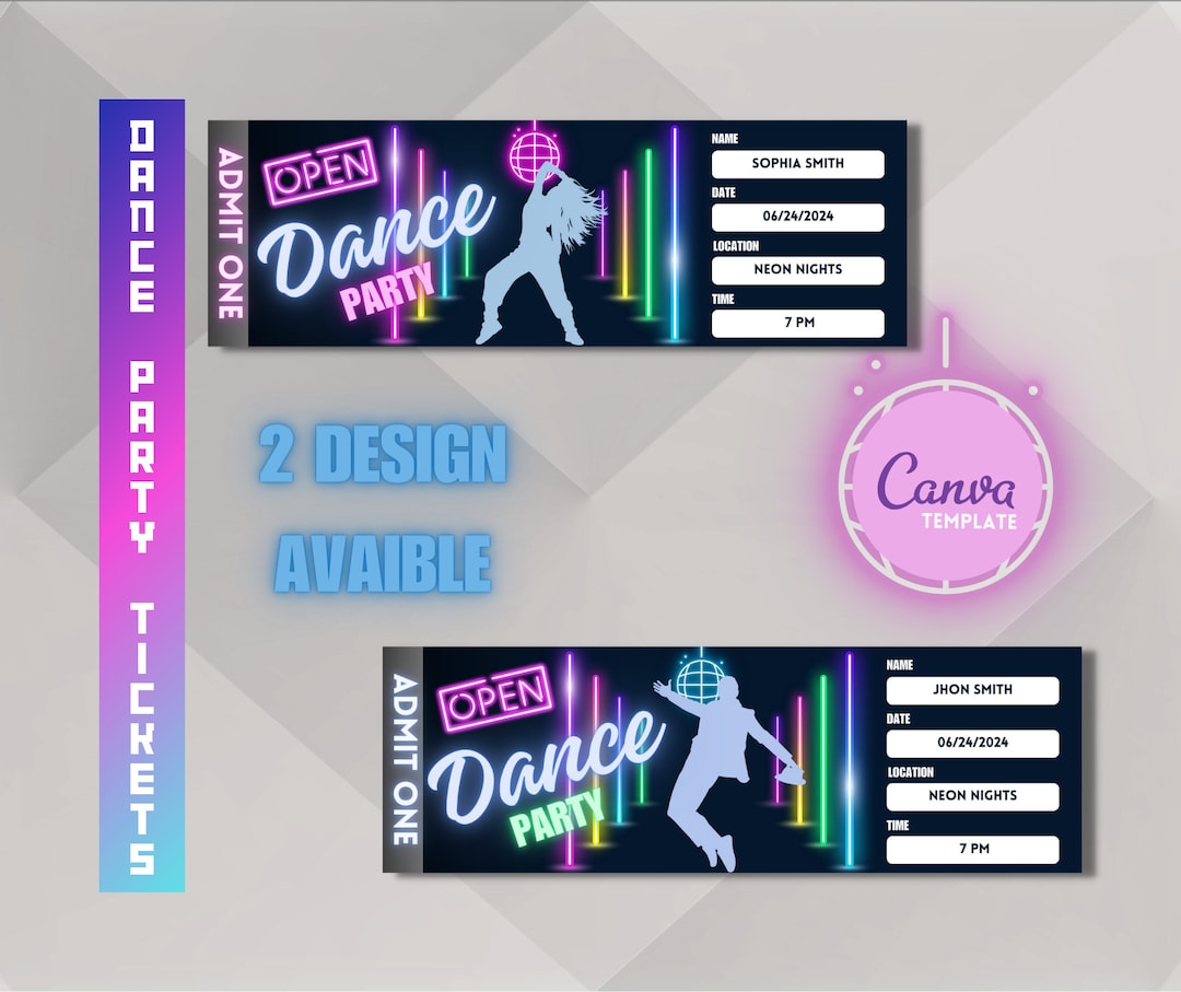 Editable Dance Party Ticket Template With Retro Neon Vibes - Instant ...