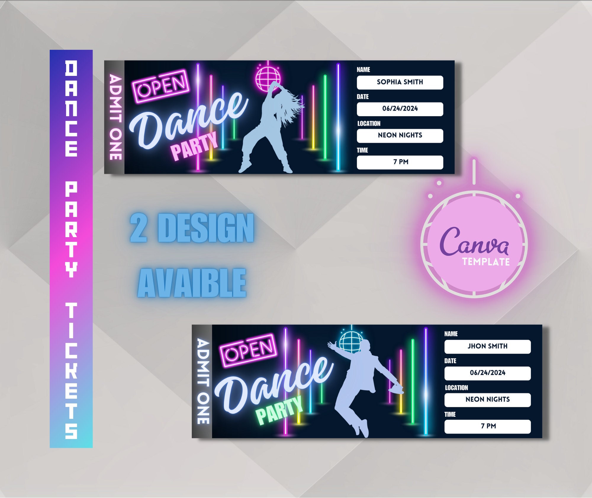 Retro Neon Dance Party Ticket Template: Editable Canva Design (instant ...