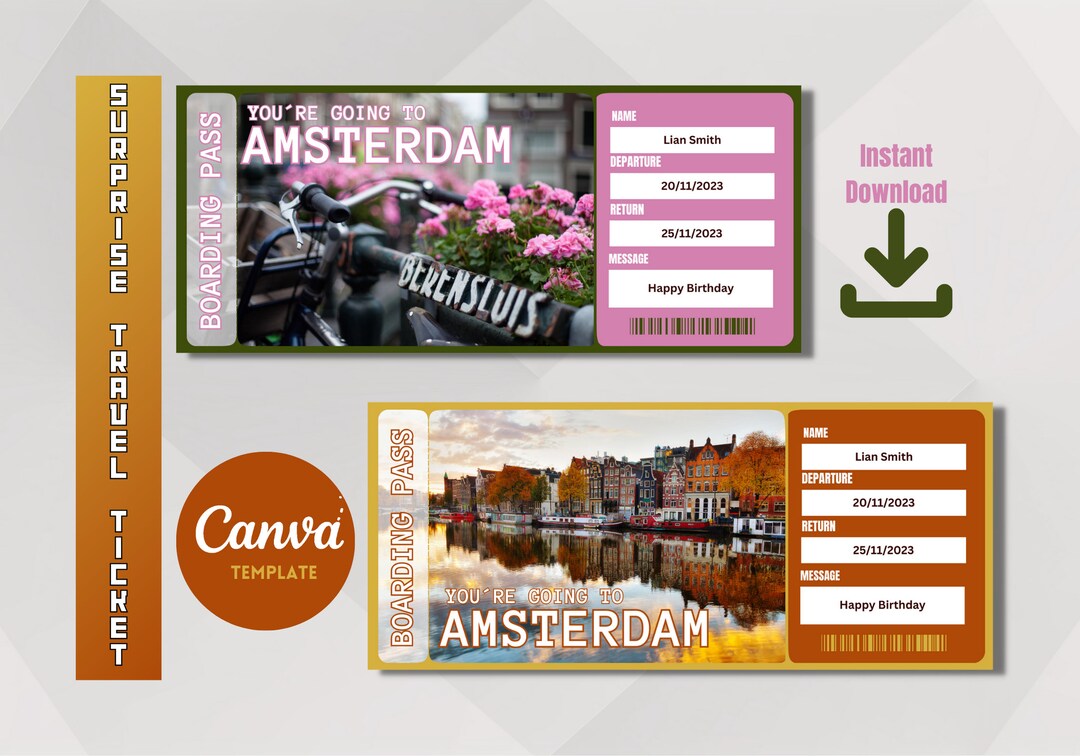 Printable Amsterdam Surprise Travel Ticket: Editable PDF (instant ...