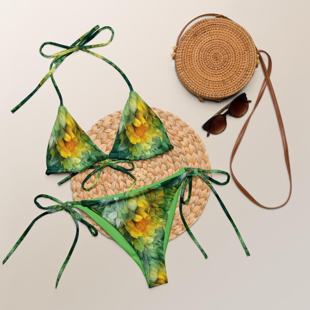 Tropical Feather Bikini Set – Exotic Green & Yellow Parrot Wing Pattern ...
