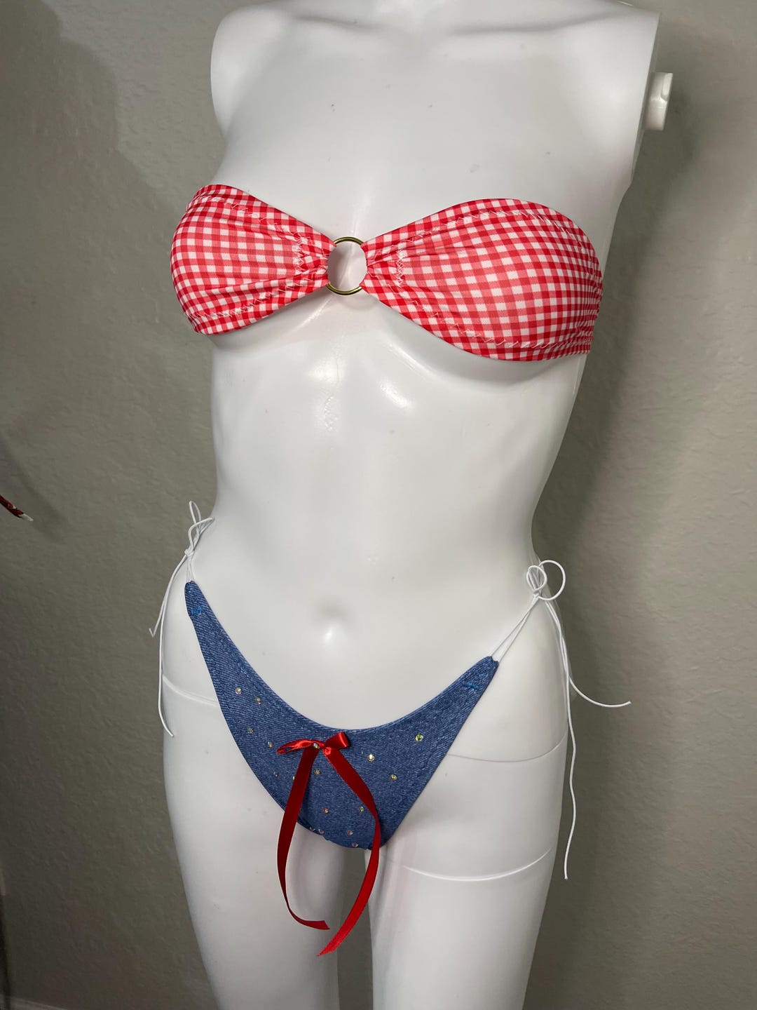 Picnic Gingham Micro Bandeau Bikini Exotic Dancewear | Pom Pom Outfits | Festival Outfit - Etsy