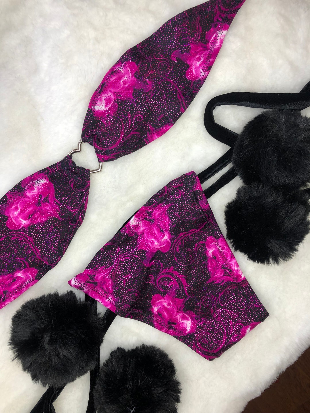 Heart Micro Bikini Pom Poms Stripper Outfit Bandeau Micro Bikini Exotic ...