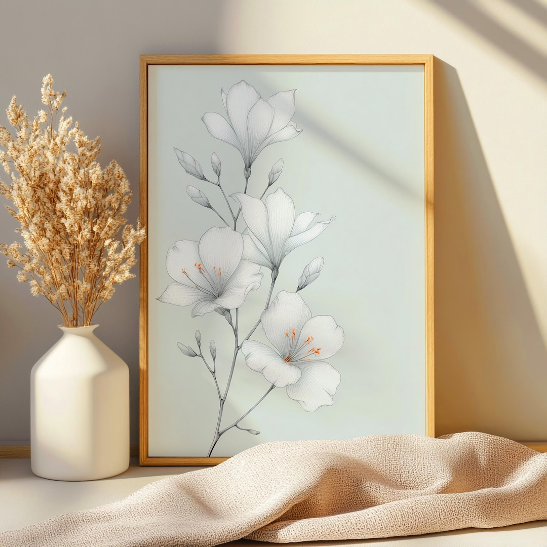 Minimalist Magnolia Digital Print | White Gray Line Art Scandi Wall ...