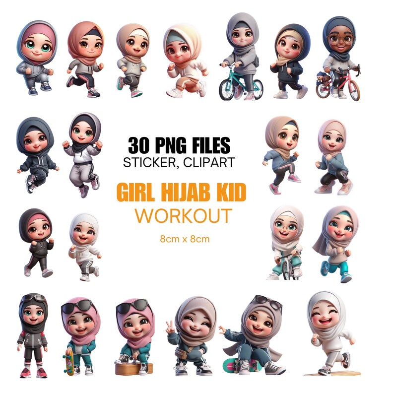Bundle of 30 Digital Clipart of Hijab Kid in Sportswear Muslim Girl ...