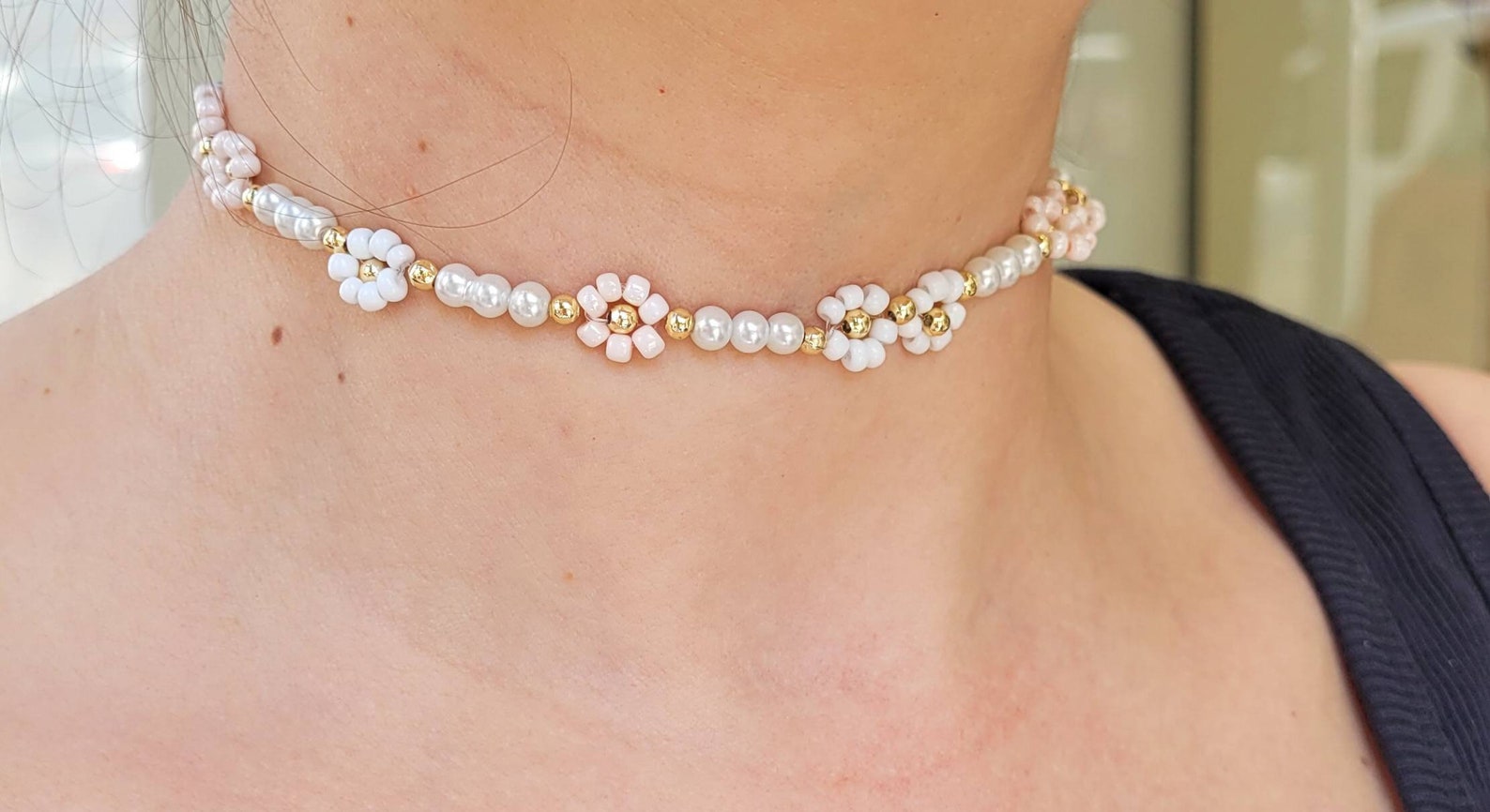 Handmade Pink Daisy Necklace White Freshwater Pearl and Bead - Etsy