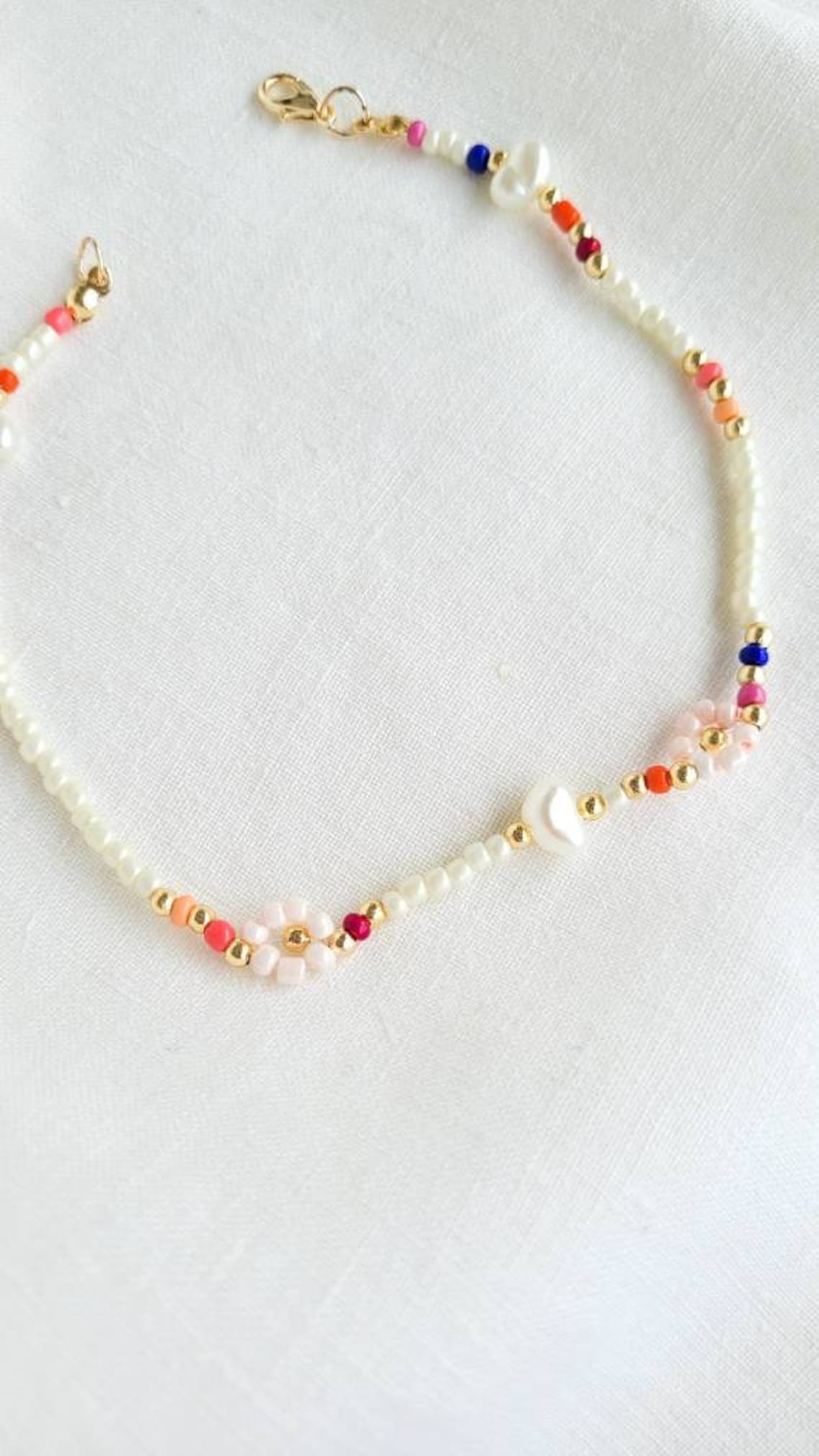 Beaded Daisy Necklace With Pearls, Colorful Flower Seed Beed Necklace ...