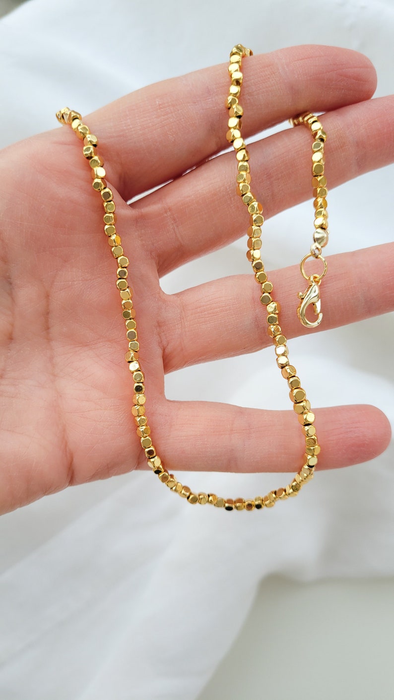 Gold Cube Beaded Necklace, Square Beaded Chain, 14k Gold Plated Beaded ...