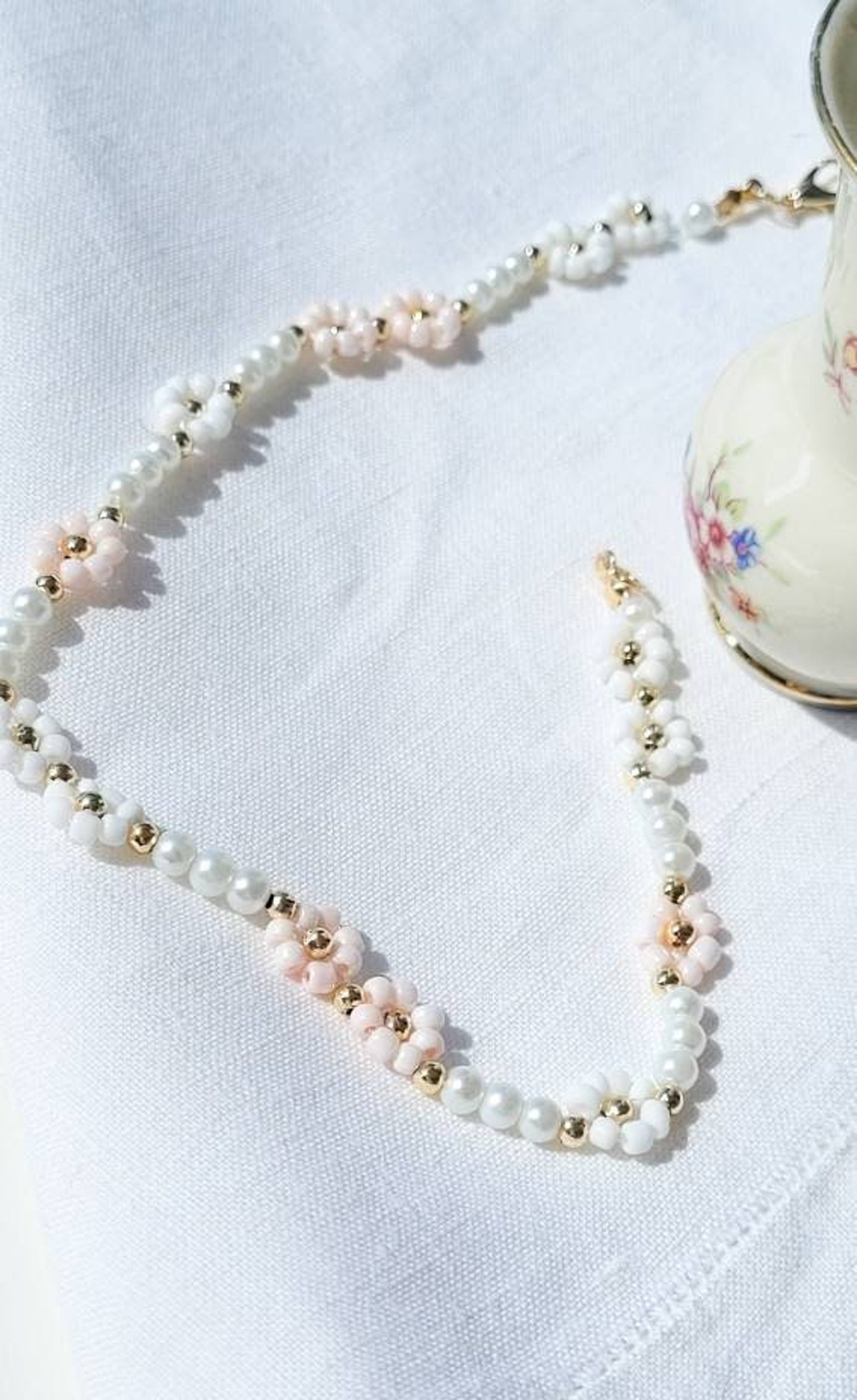 Handmade Pink Daisy Necklace White Freshwater Pearl and Bead - Etsy