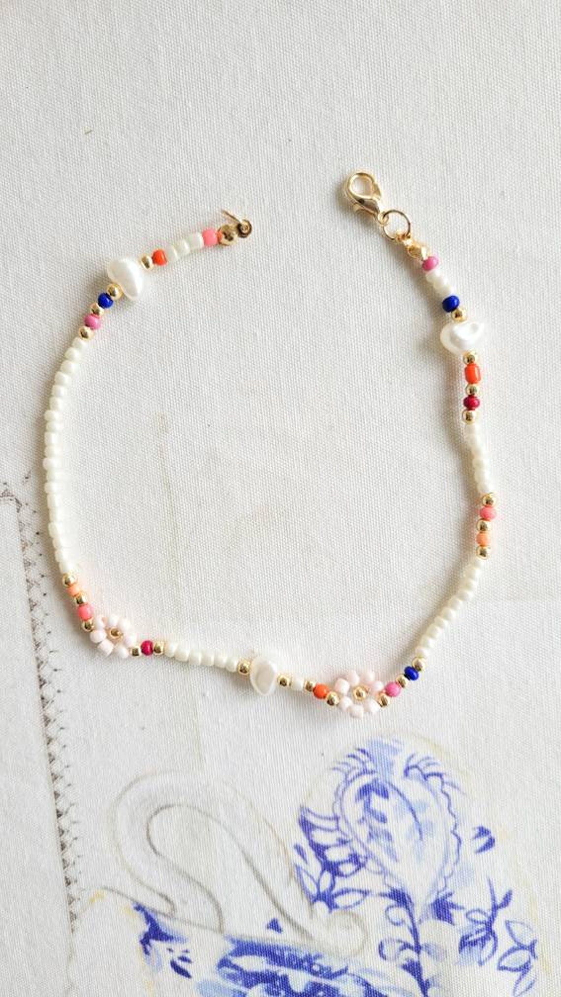 Beaded Daisy Necklace With Pearls, Colorful Flower Seed Beed Necklace ...