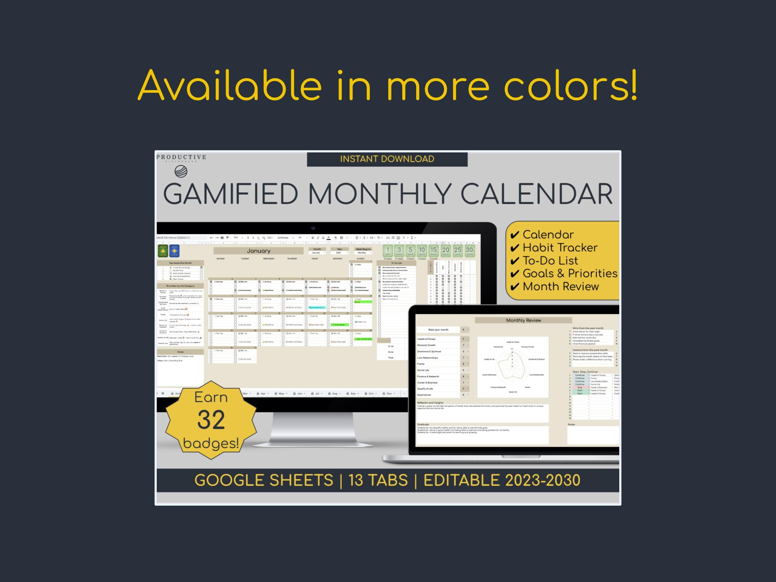 Monthly Calendar Gamified Google Sheets Monthly Digital Planner To-do ...