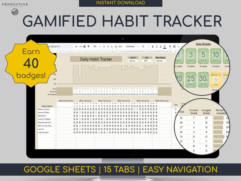 Gamified Habit Tracker | Google Sheets | Daily, Weekly, Monthly Habits | Annual Goals | Atomic ...