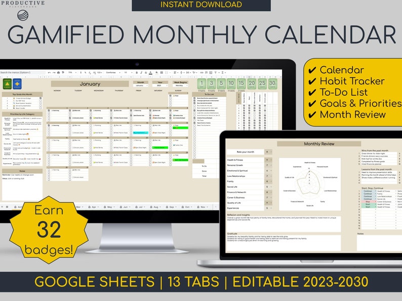 Monthly Calendar Gamified | Google Sheets | Monthly Digital Planner ...
