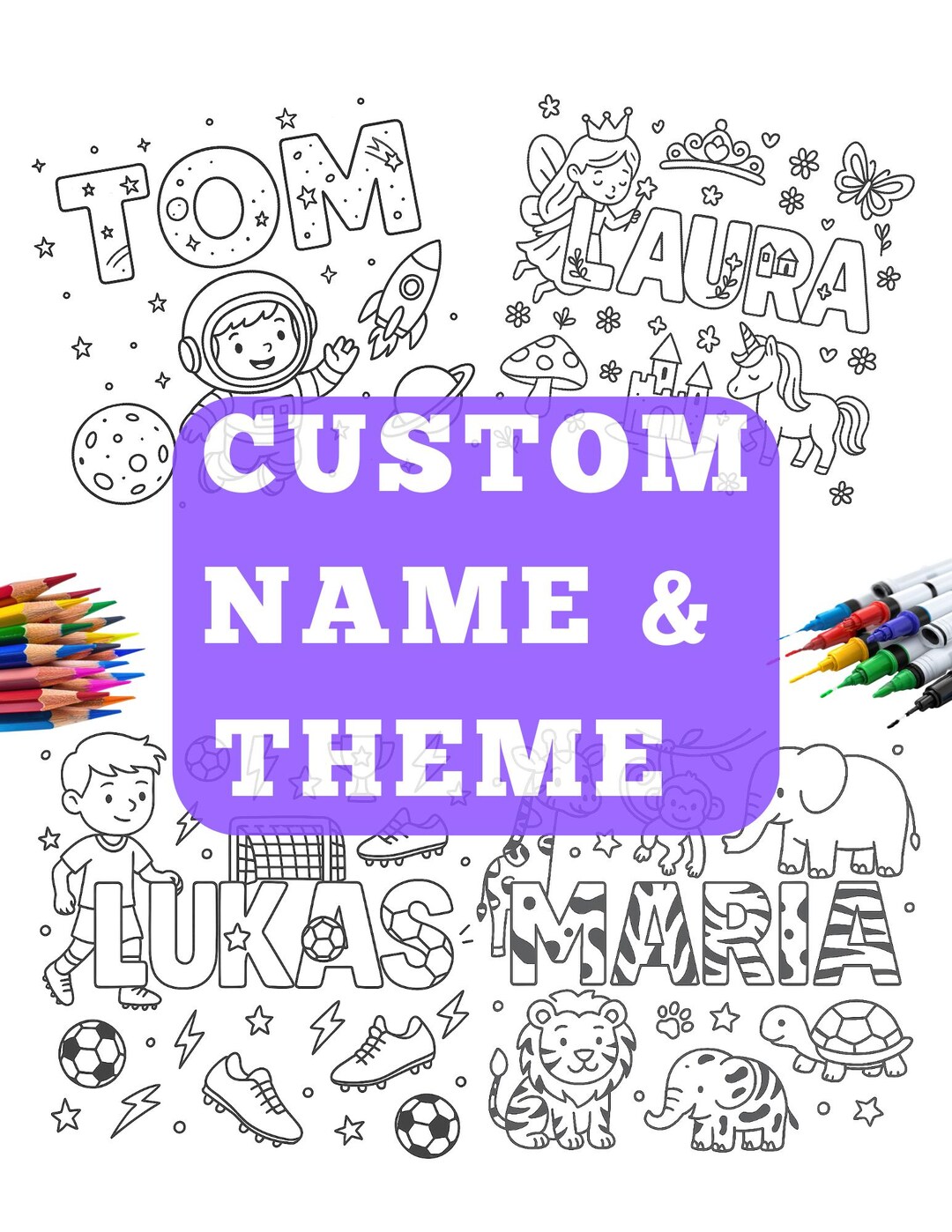 Custom Name & Theme Coloring Page for Kids – Personalized Printable ...