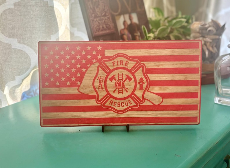 Firefighter Wooden American Flag W/stand - Etsy