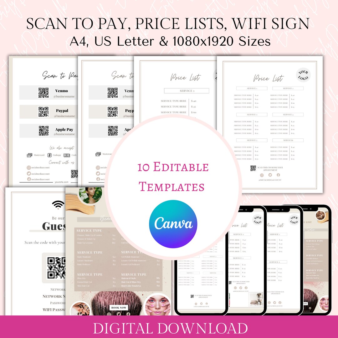 Scan to Pay Price List Wifi Sign Editable on Canva beauty Price List ...