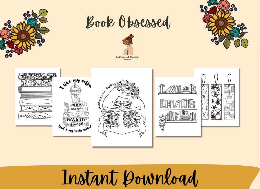 Book Obsessed Coloring Sheets, Printable Book Obsessed Pages, Adult ...