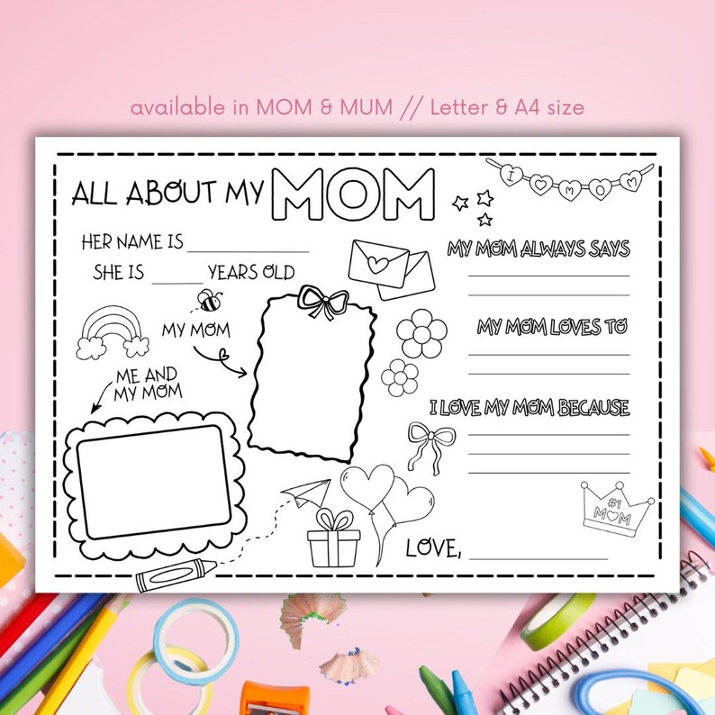 Mother's Day Coloring Page, All About My Mom, Printable Birthday Craft ...